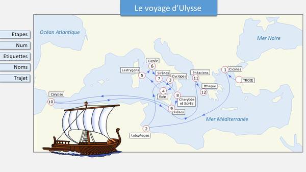 Carte du voyage d'Ulysse - Le monde des cités grecques
